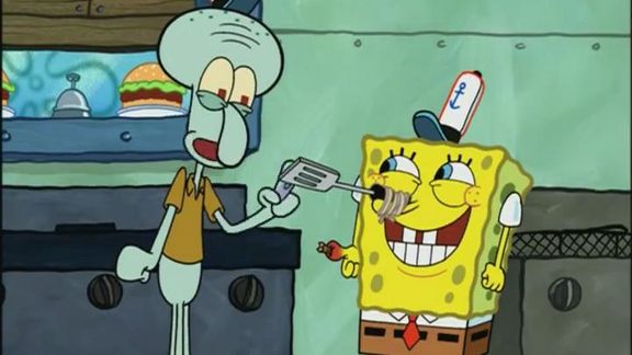 海绵宝宝:海绵宝宝受伤了,他拿不了锅铲,只好把锅铲绑在鼻子上