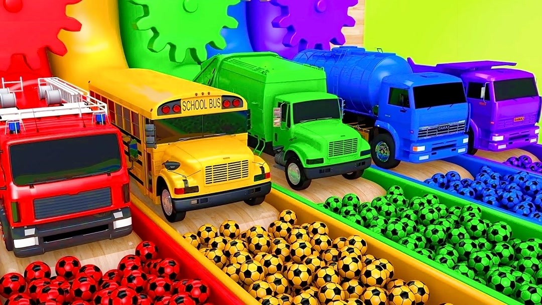 工程车卡通动画 警车帮洒水车公交车涂上彩色