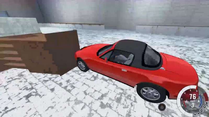 BeamNG车祸模拟:红色跑车偏置碰撞测试,损坏严重