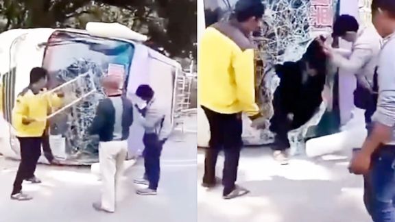 紧急救援!客车侧翻车门被压无法打开 三名路人砸玻璃救出全车人