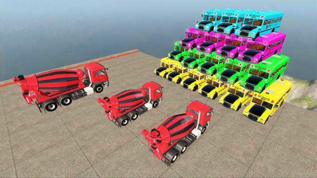 水泥搅拌车争先恐后开足马力和金字塔式校车相撞,车祸模拟器16