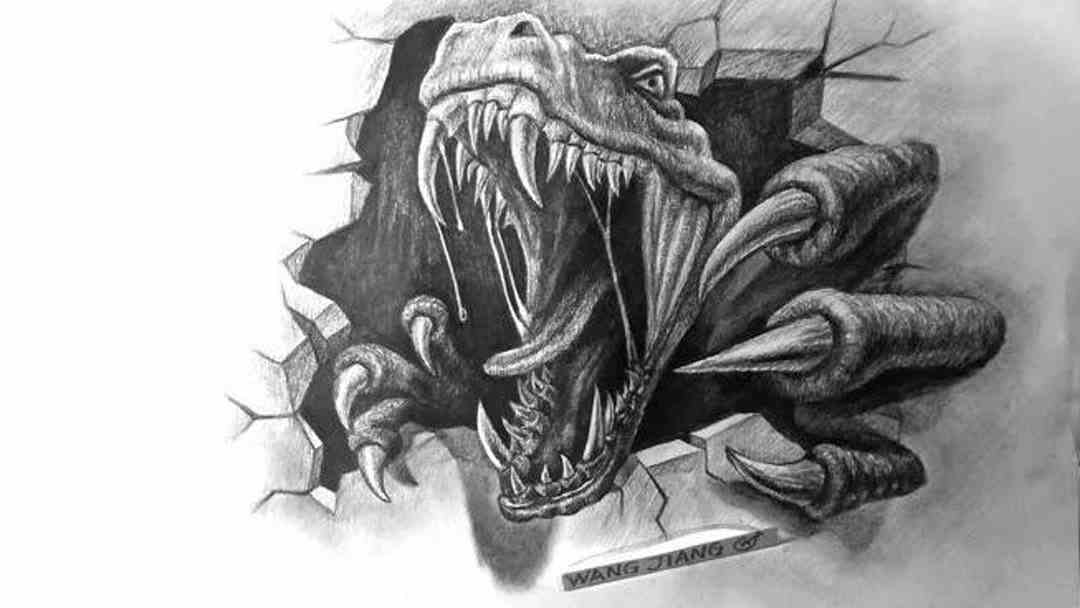 素描3D立体画视频教程之冲破墙壁的霸王龙