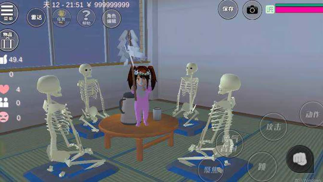 樱花校园模拟器:一个含着奶嘴的小孩站在桌子上指挥着四个骷髅人