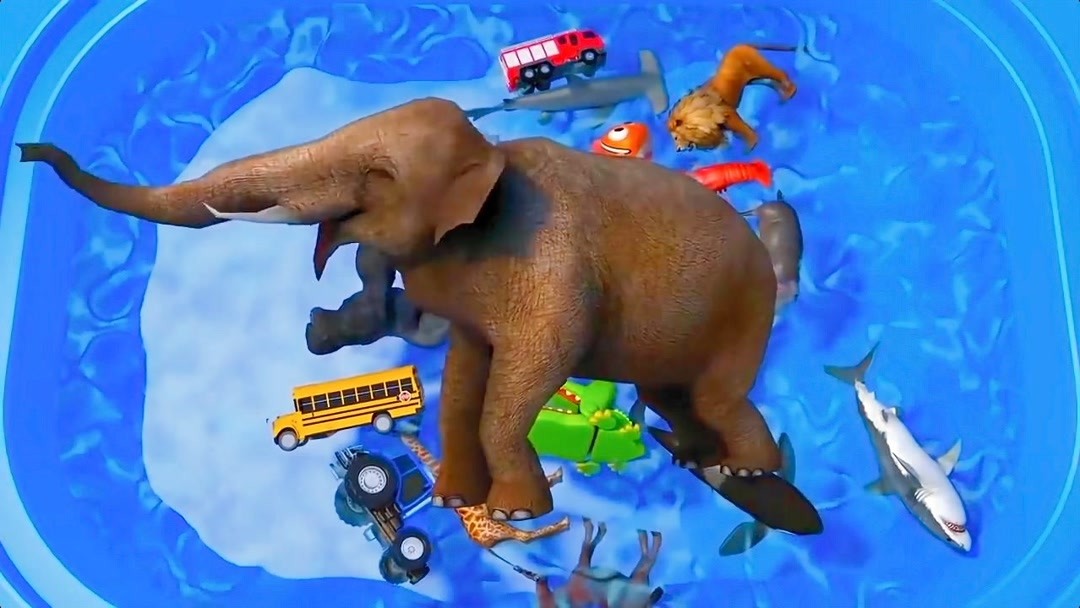 少儿卡通动画 介绍消防车,警车和校车 大象 云梯车