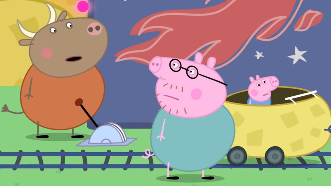 公牛先生提醒猪爸爸,乔治太小不能玩过山车的游戏