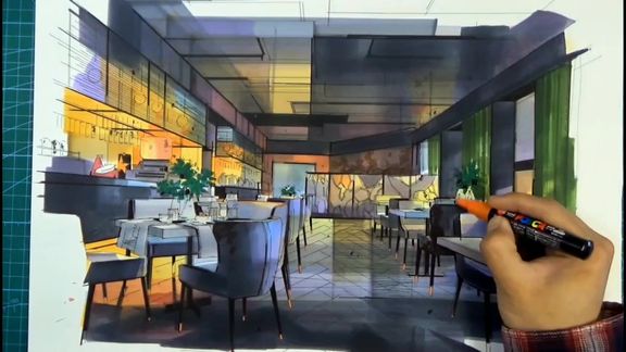 【室内设计手绘】餐饮空间马克笔上色#室内手绘#室内设计手绘 #抖音...