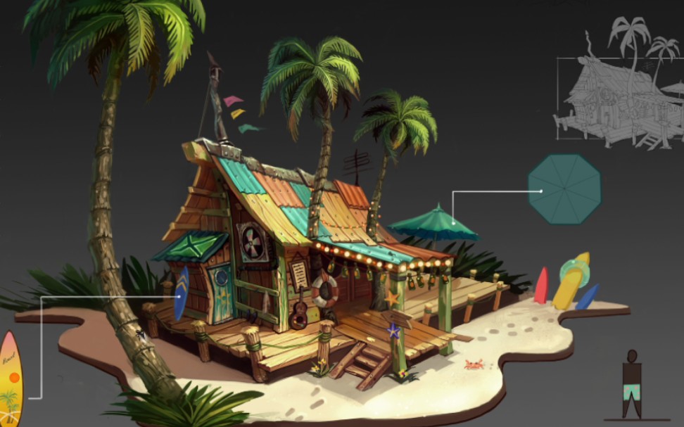 【3Damx建模】新手入门基础教程,沙滩酒吧场景模型全流程制作过程