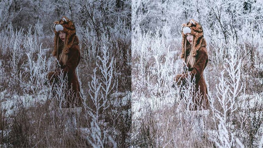 PS修图教程:修复偏黑的照片,让雪景美女照片更干净通透!