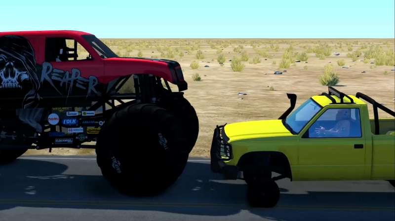 BeamNG:汽车碰撞测试,皮卡车开足马力冲向大脚车,拟真车祸模拟