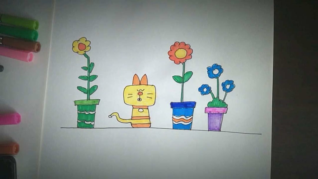 画一只懒懒的小猫咪 和许多的盆栽