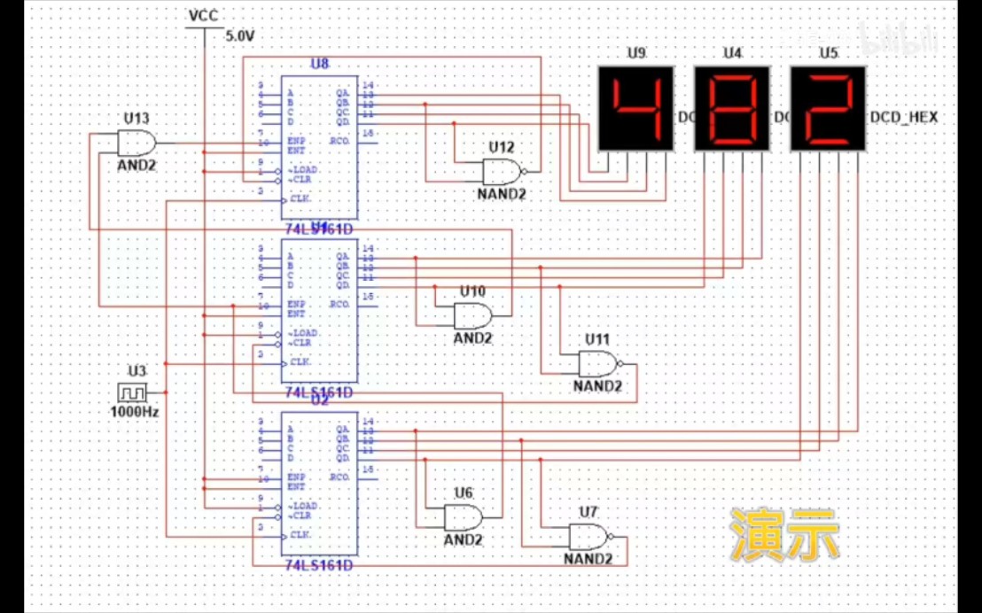 multisim仿真74LS161并行清零法实现三位数进制