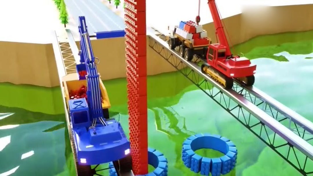 儿童早教动画,吊车卡车挖土车一起合作,建大楼
