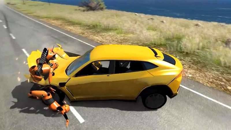 汽车正常行驶 高速撞向挡在路中心的模型 真实车祸模拟游戏