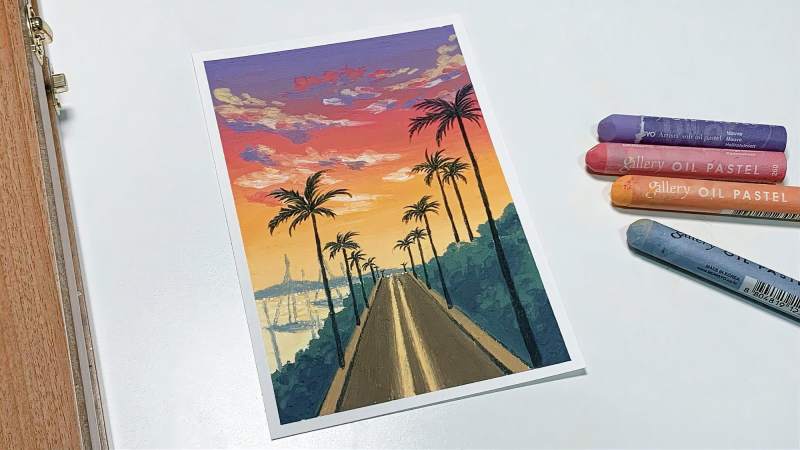 油画棒教程教你画出海边浪漫夕阳风景! 好上手!