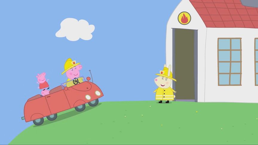 小猪佩奇:佩奇来到消防站,兔小姐迎接她们,为她们介绍消防车