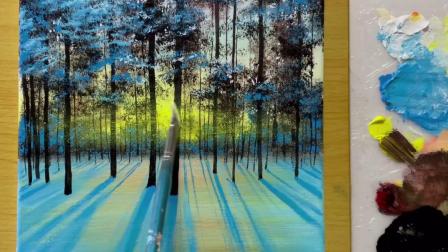 画一幅绝美的冬季梦幻森林风景