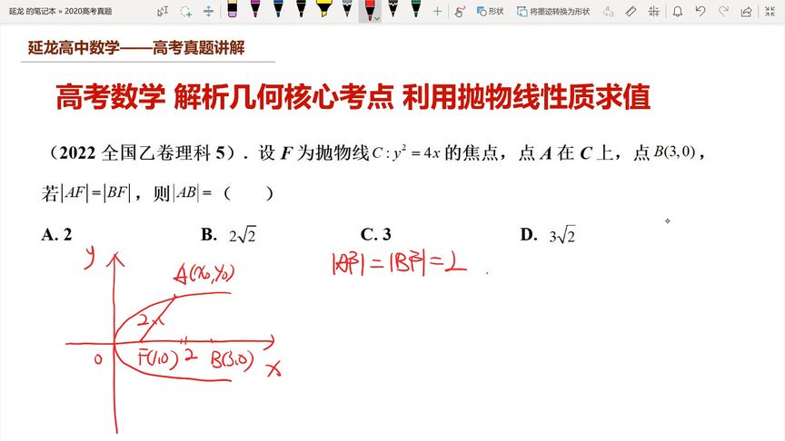 2022高考数学全国乙卷理科第5题 解析几何 抛物线性质应用求值