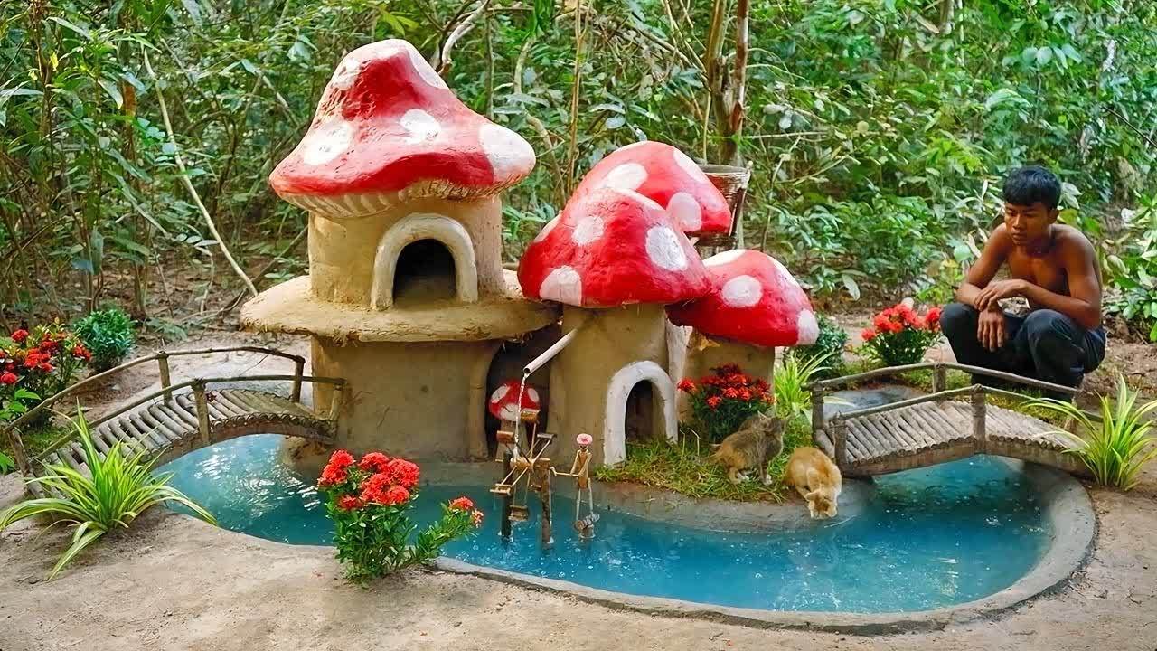 丛林小伙为无家可归的小猫建造宠物房,房周围设计鱼池!