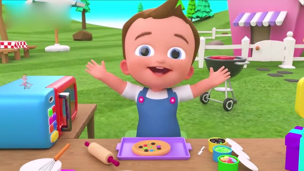 小哥哥为弟弟做彩虹披萨,看起来很美味呢,英语动画片