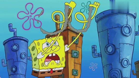 海绵宝宝大拇指骨折,两只手坐在轮椅上