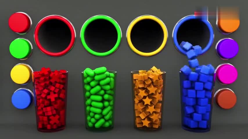彩色水管里流出各种颜色的形状装满饮料杯,益智动画学颜色