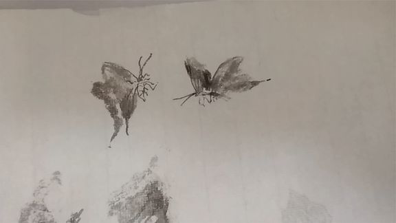 国画花鸟,两只蝴蝶,淡墨渲染