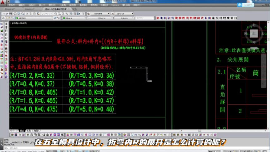 在五金模具设计中,折弯内R的展开是怎么计算的呢?