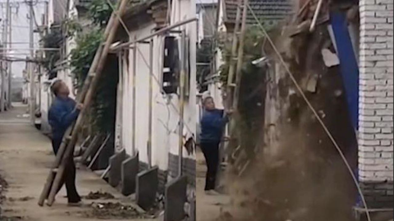 大爷登上梯子检查线路,"神预判"搬走梯子,下一秒墙壁轰然倒塌