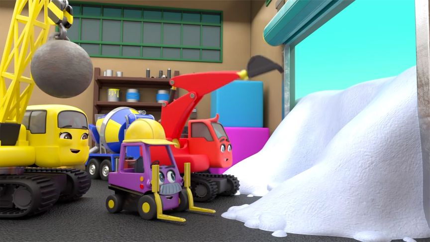 挖掘机和工程车队维修风车并修建滑冰场,儿童工程车趣味动画