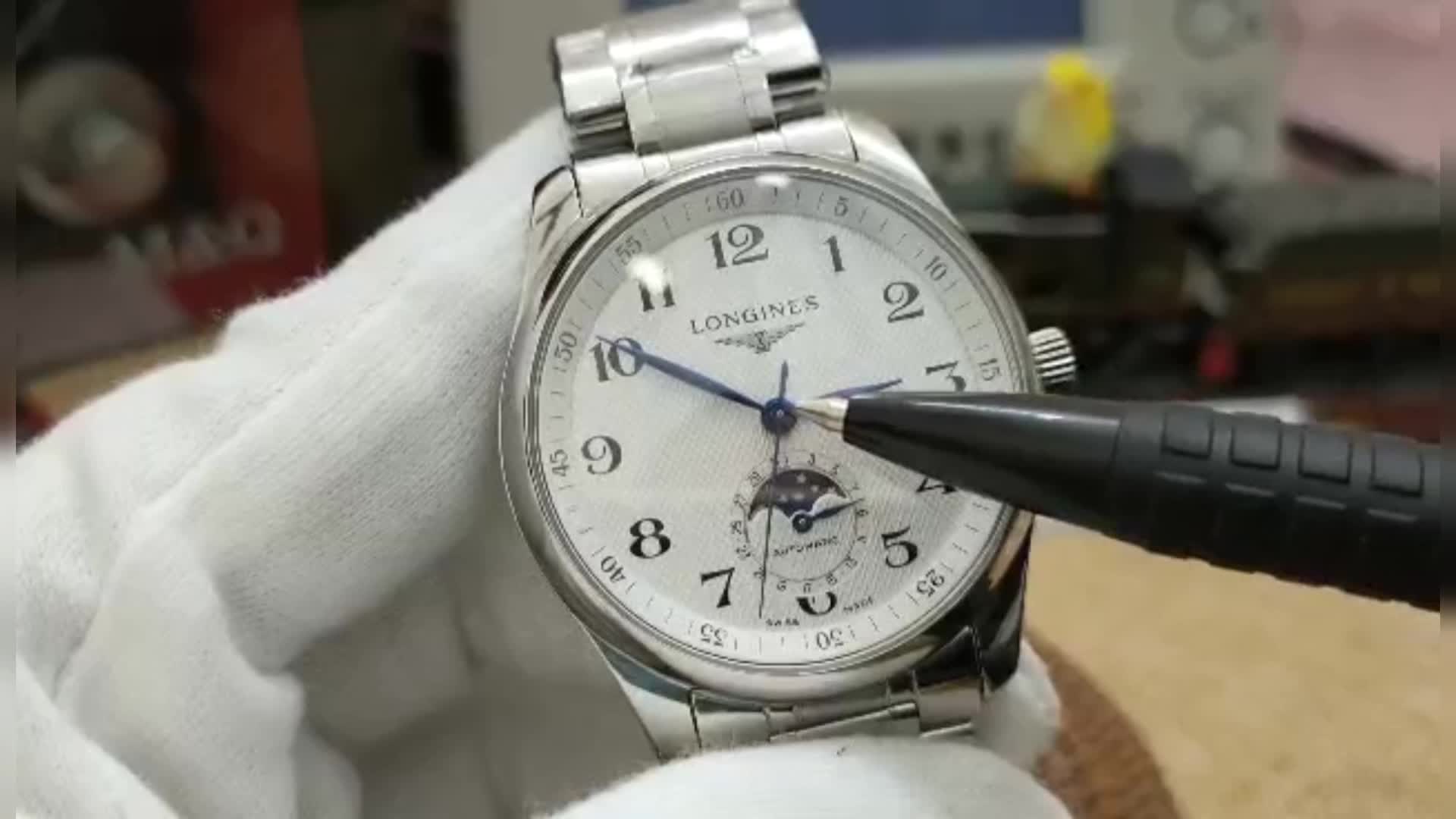 视频讲解GS浪琴名匠月相系列机械手表怎么调时间日历上发条拆卸...