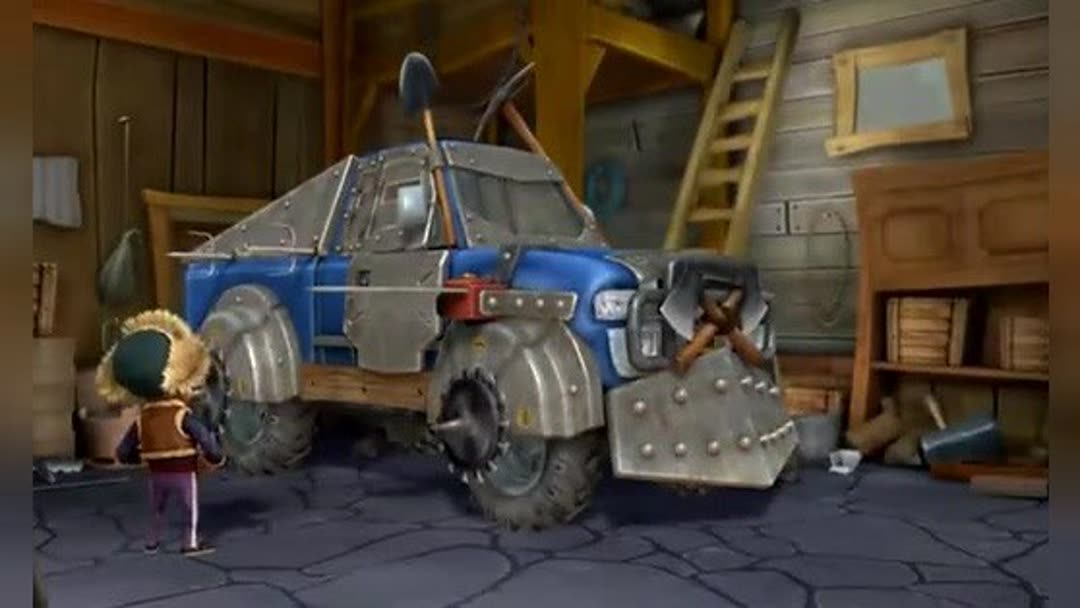 熊出没 飚车记 光头强在车子两侧装上电锯,光头强开着车