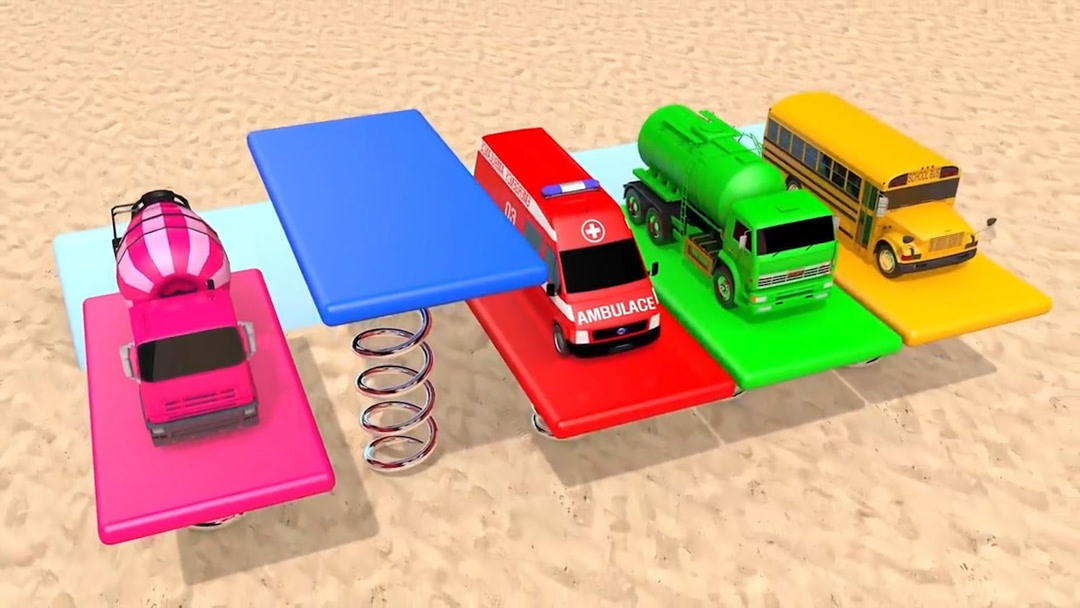 工程车颜色益趣园 第174集 工程车的弹簧板谁弹得最高