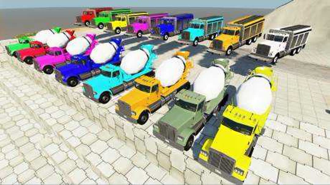 五彩消防车和搅拌车争先恐后从楼梯式悬崖上冲下去,车祸模拟器