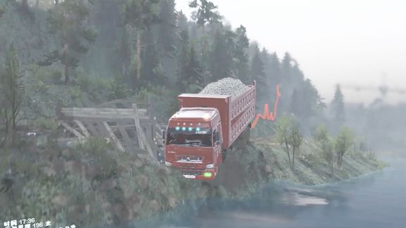 木桥承受不住货车重力,导致货车翻车