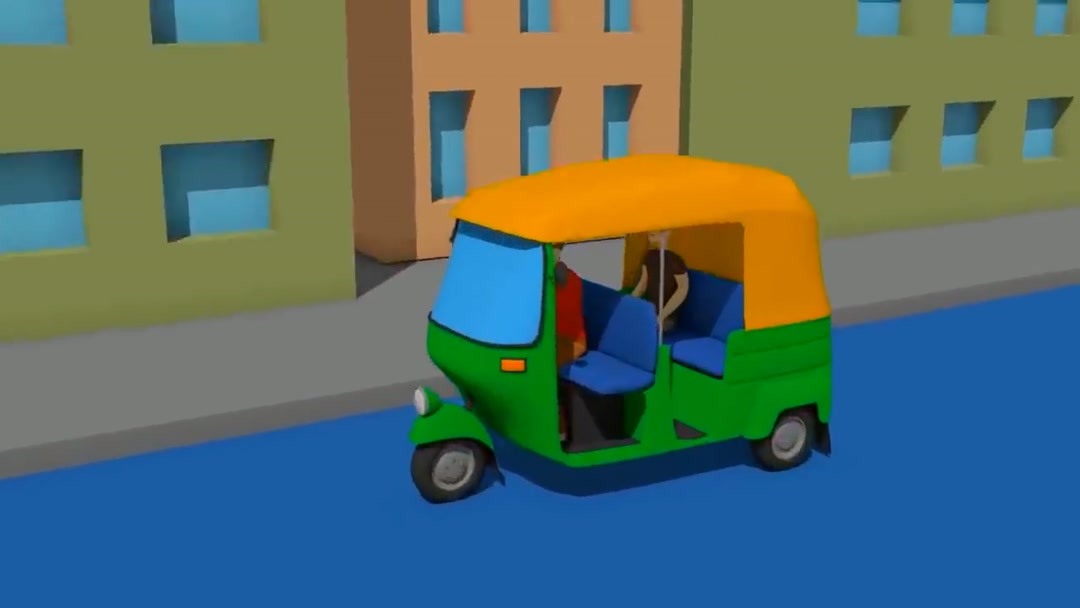 少儿卡通动画 摩托三轮车接送道路上的乘客 卡车运送