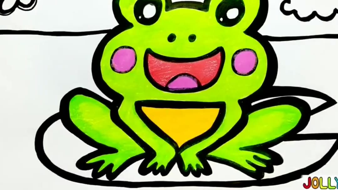 儿童简笔画:一只绿色的小青蛙坐在荷叶上