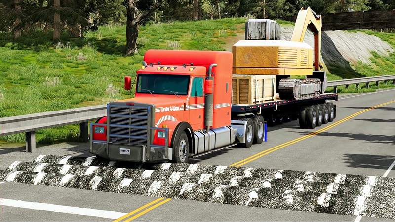 开车硬闯三根超大减速带,大卡车差点散架(测试悬挂),BeamNG