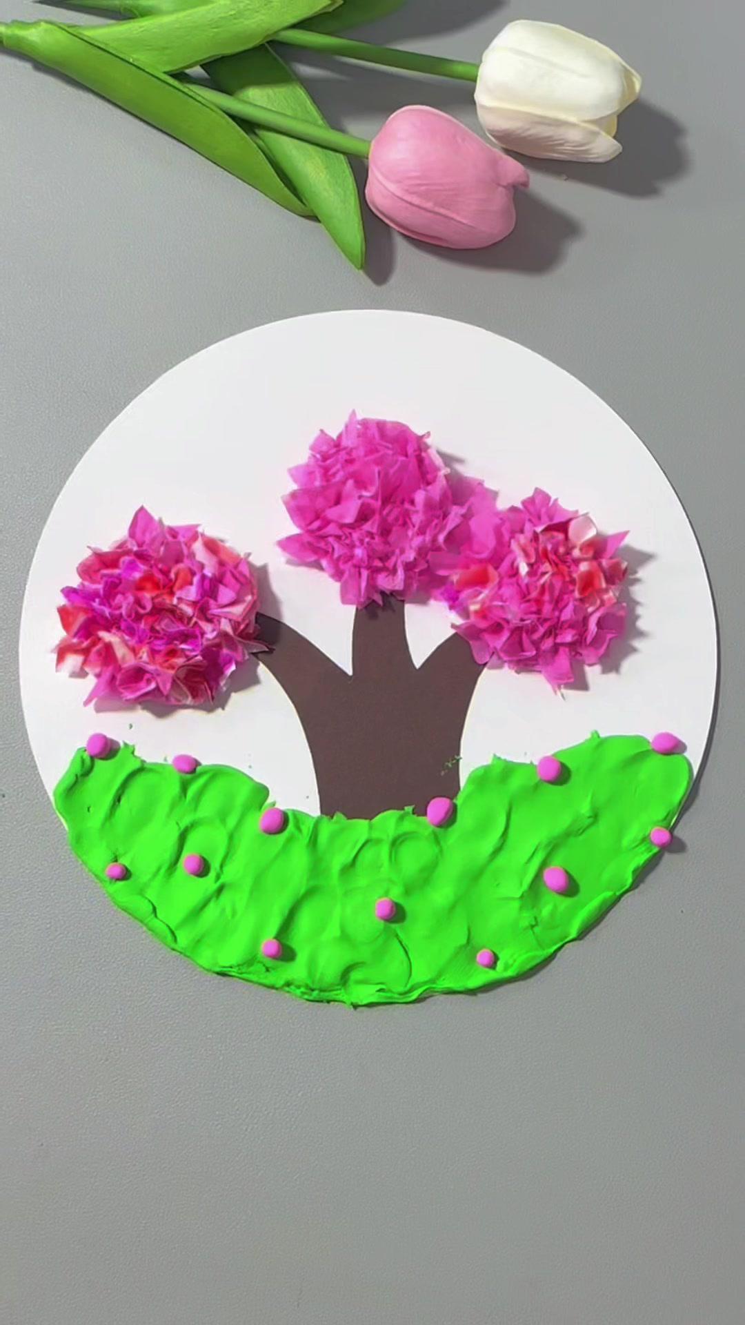 春天主题手工画--樱花树,用纸巾染色做一幅戳戳画,简单有趣很好玩