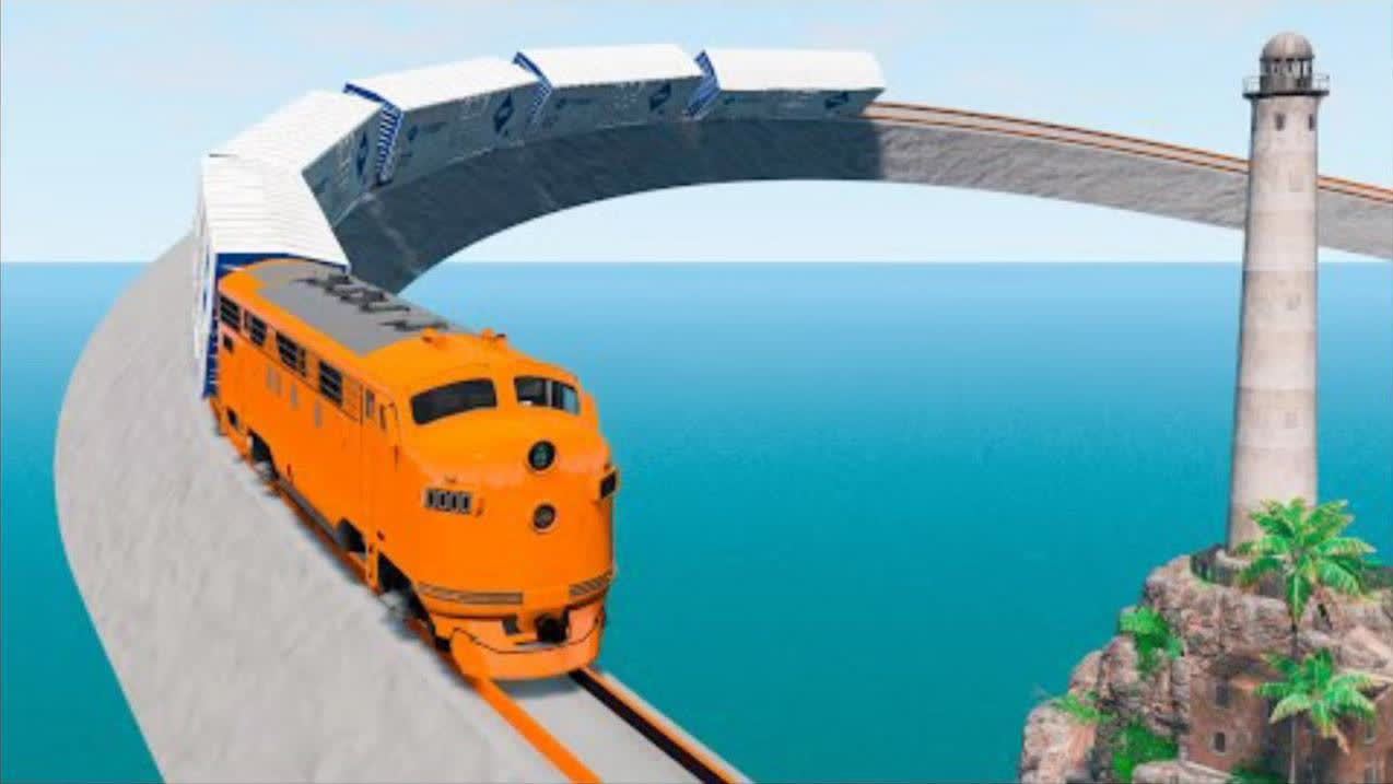 车祸模拟器:悬浮在海面上的铁路,铁王八都开不过去!