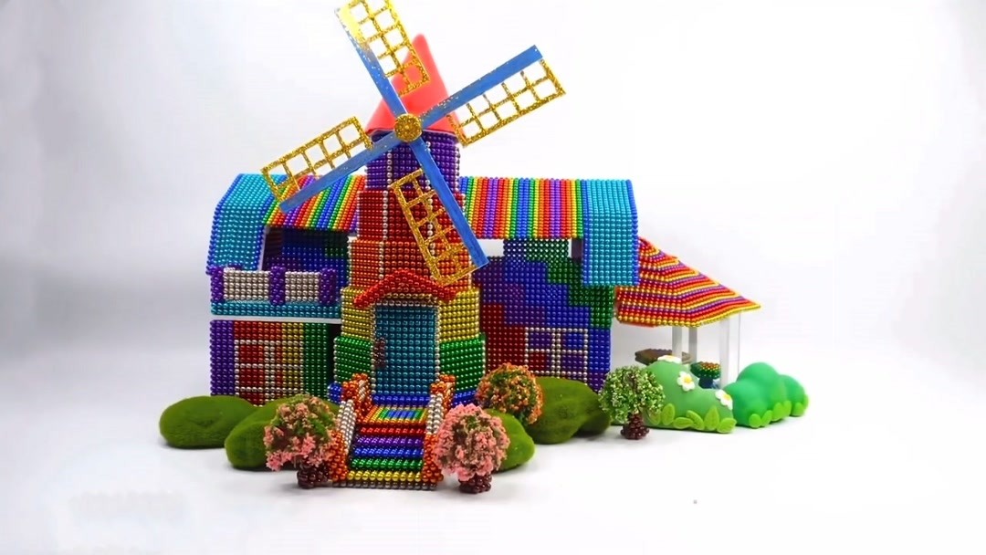 玩具模型DIY,用磁力球拼装风车屋模型的过程!