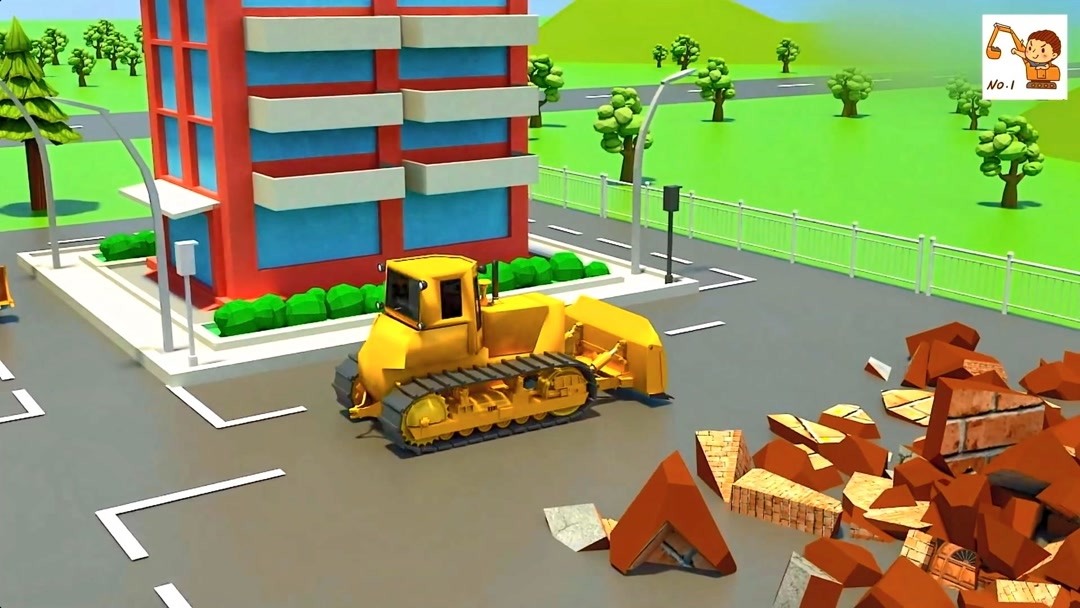 工程车施工动画,推土机、装载机、搅拌车建医院大楼