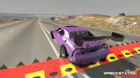 BeamNG:测试各种汽车高速冲过尖刺减速带后,失控翻滚碰撞的画面