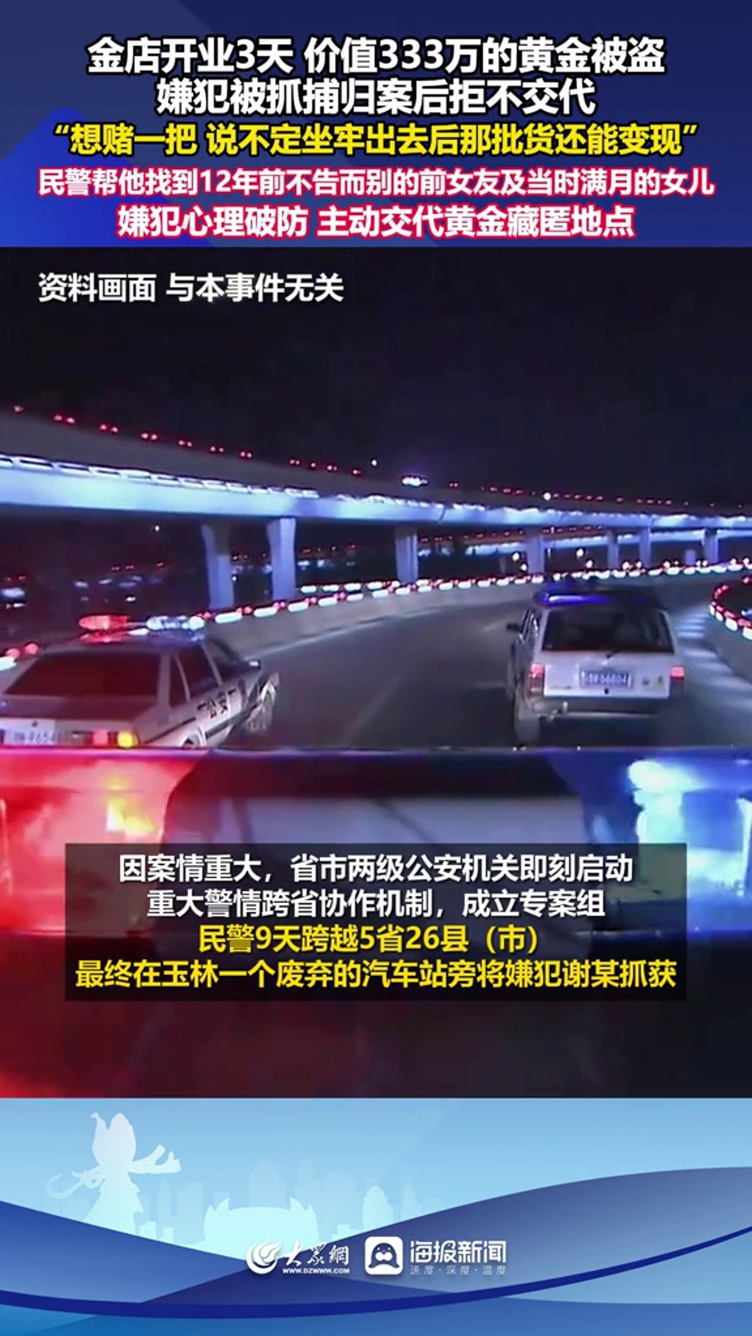 金店开业3天,价值333万的黄金被盗。嫌犯被抓捕归案后拒不交代,称"想...