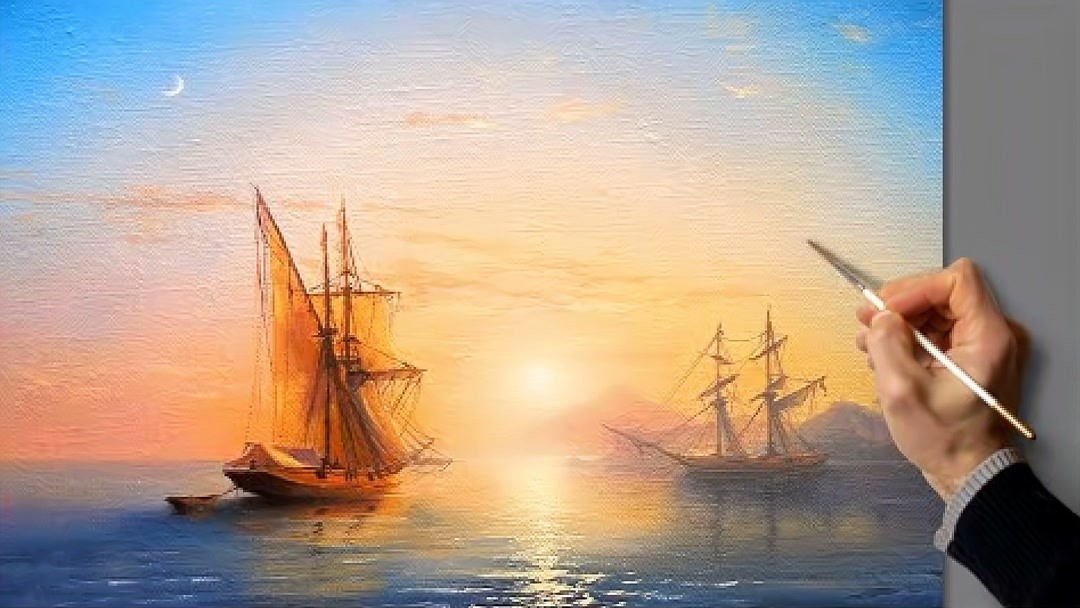 油画教程—延时摄影—如何绘画日出时的海景图