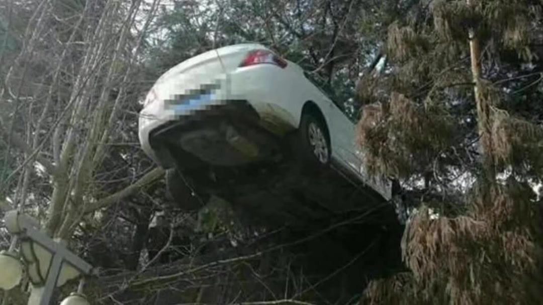 险!小车悬空高挂电缆线 目击者称因女司机忘拉手刹