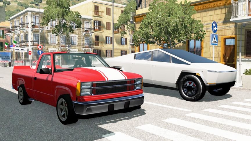 BeamNG:特斯拉赛博皮卡车,无人能挡的电动汽车,画面够酸爽