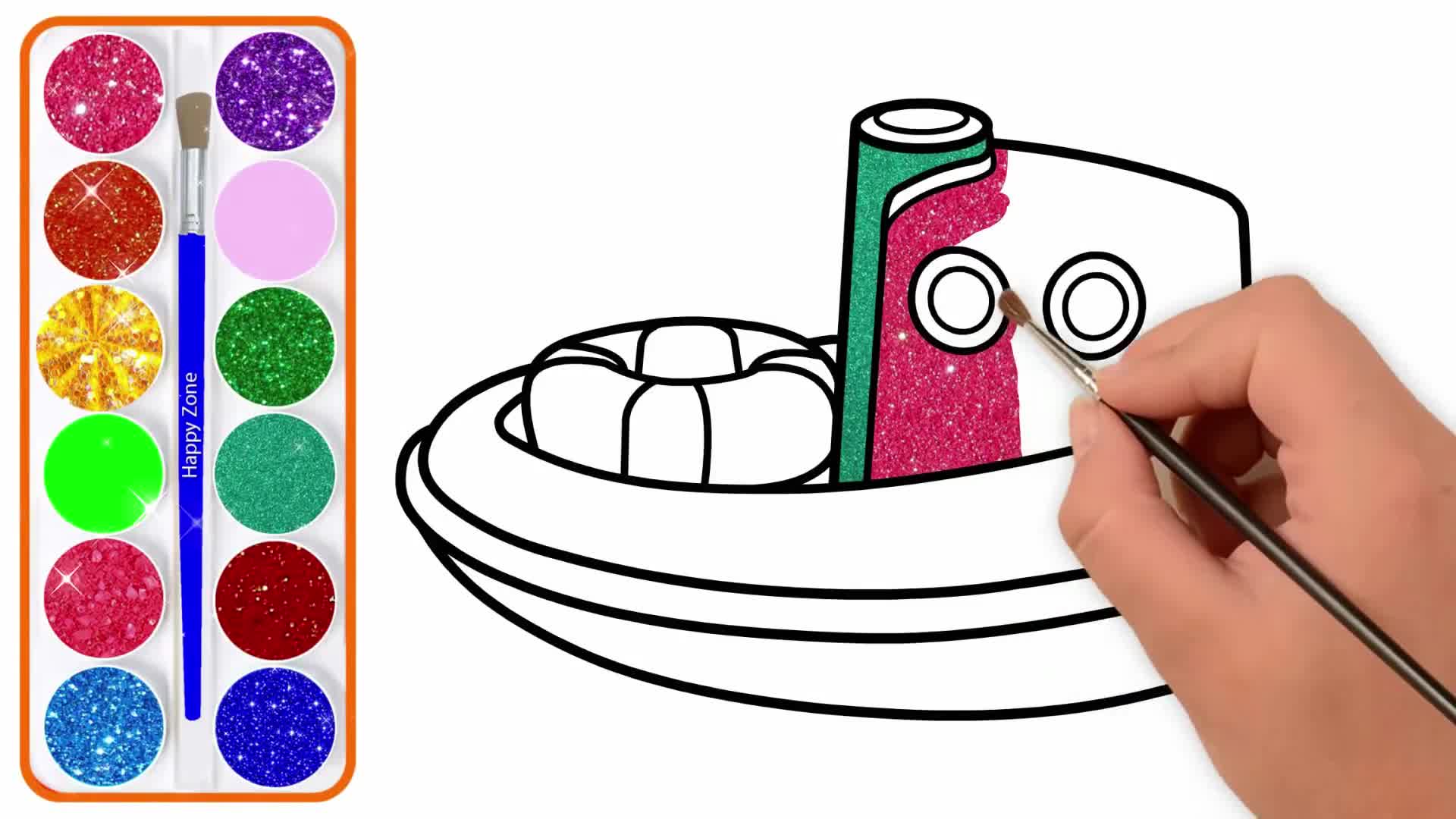 宝宝学画画,简单地画出小救生艇在海里并涂色,亲子早教