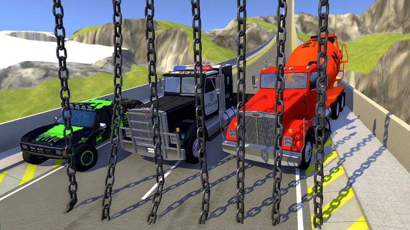 车祸模拟器:工程车,货车和越野车开足马力冲向加粗大铁链