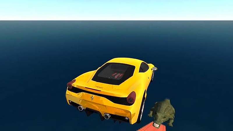 BeamNG:豪华法拉利加大油门飞跃超大楼梯冲向鳄鱼,模拟真实车祸