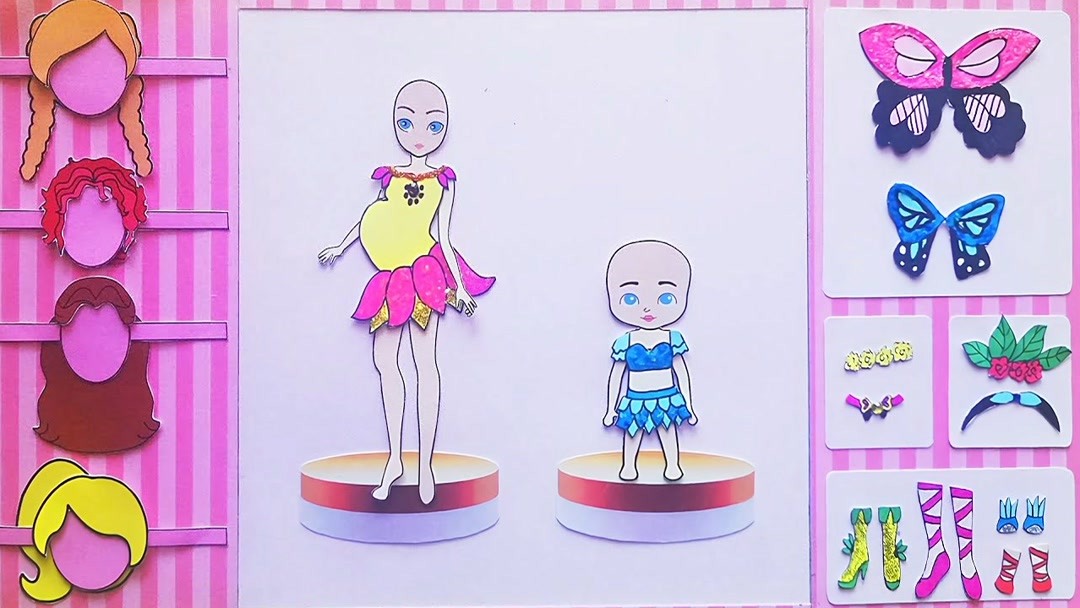 手绘纸娃娃创意手工制作,DIY蝴蝶仙子妈妈和女儿闪亮裙子